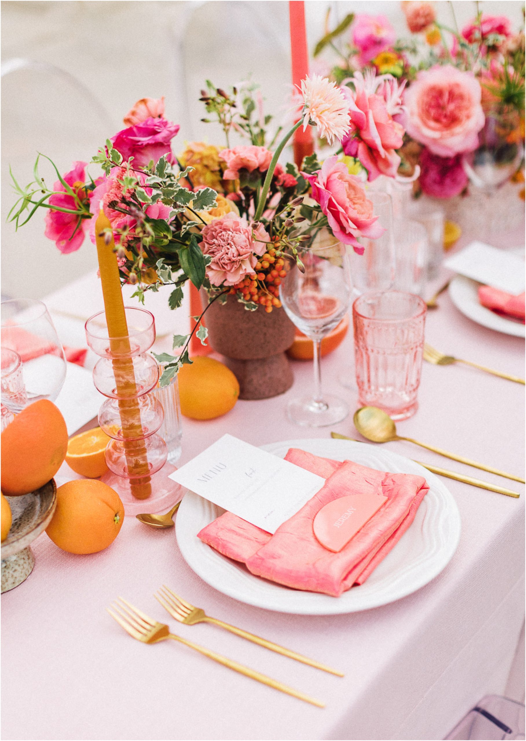 Bright Pink Wedding Reception Tablescape with Citrus Tones - ashleycarlascio.com